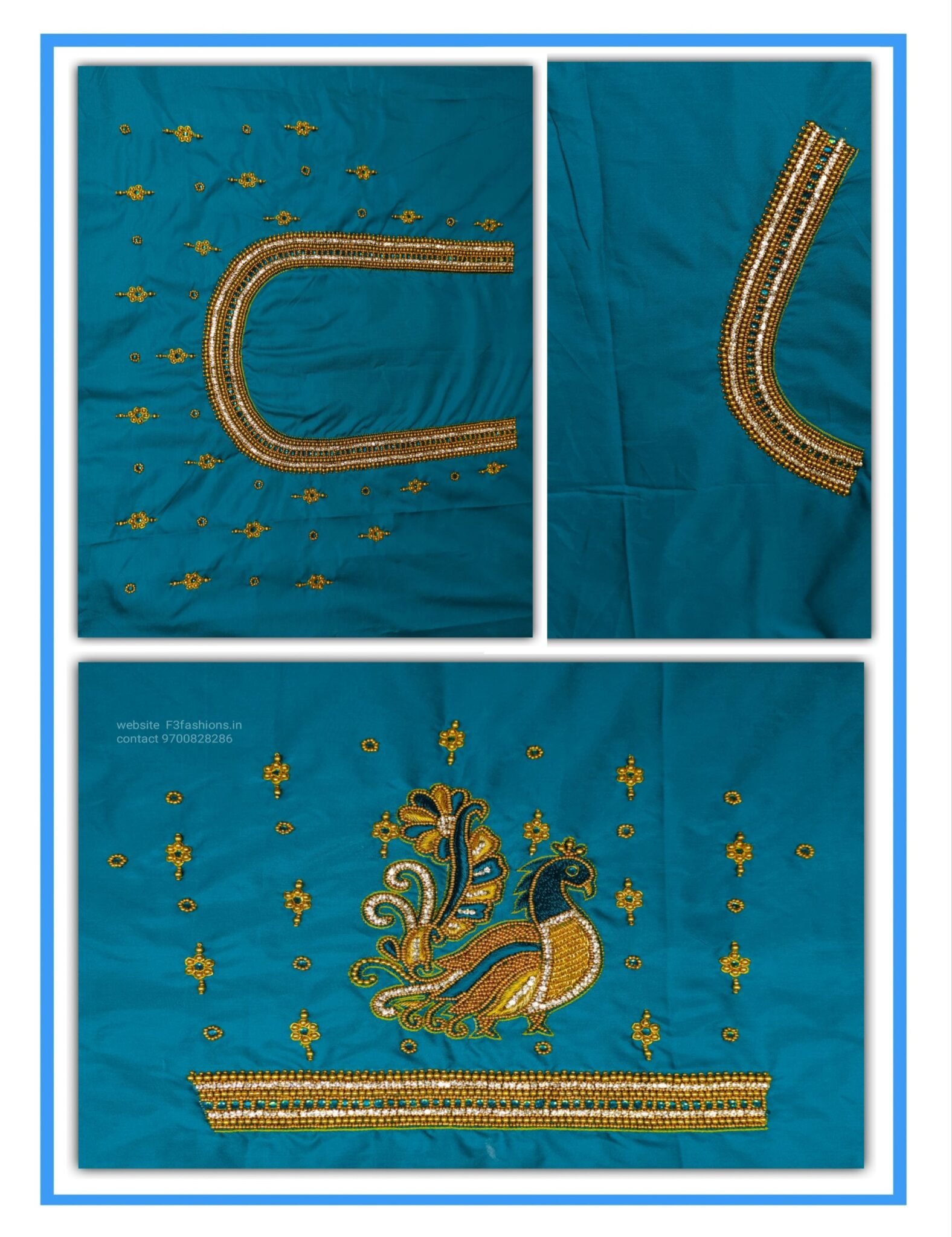 Peacock Colour big Peacock Design Maggam work Blouse - F3fashions