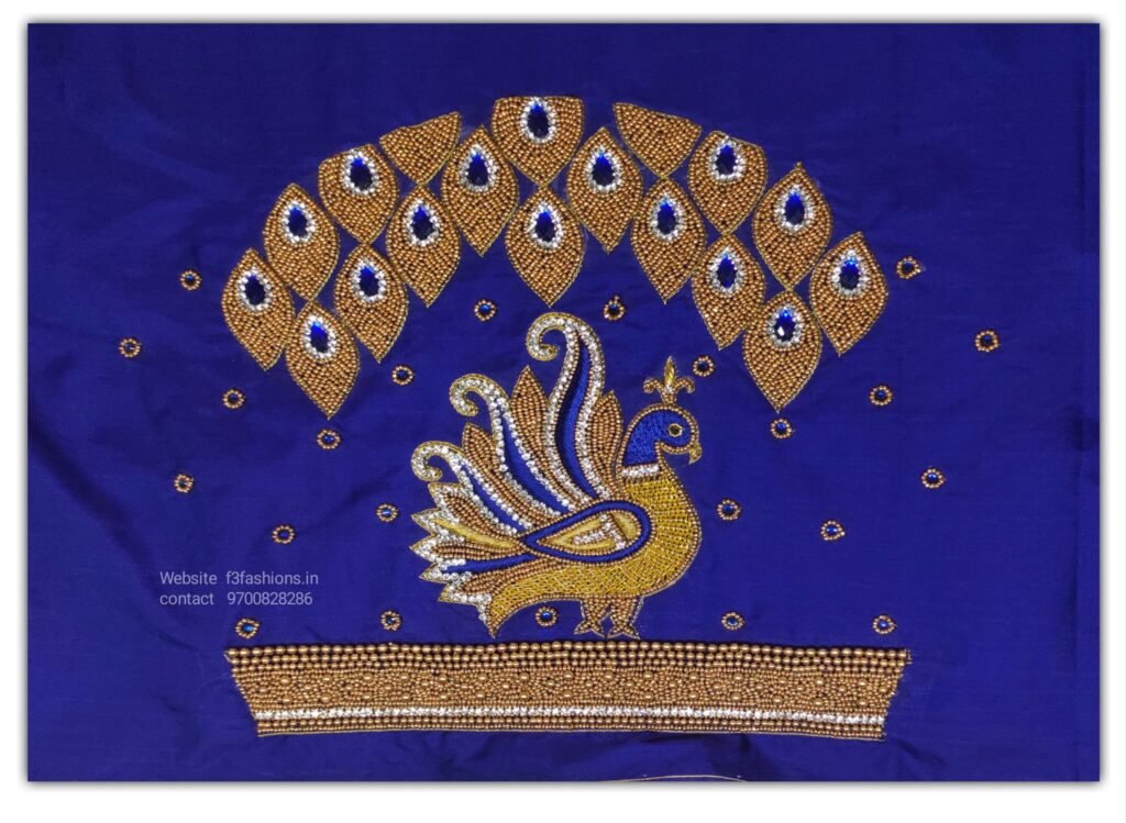 Blue Colour Pot Peacock Design Maggam Work Blouse - F3fashions