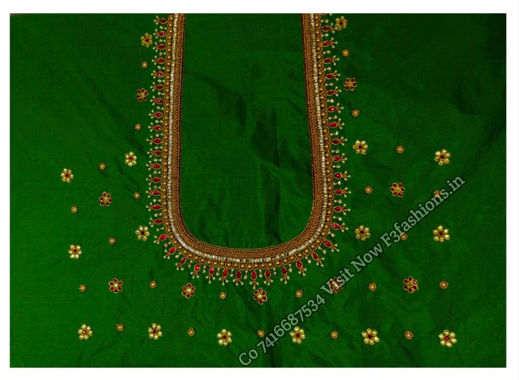 Dark Green Colour Moti Peacock Design maggam work Blouse - F3fashions